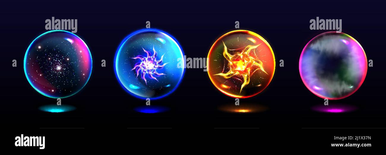 Magic spheres, crystal balls with lightning, energy burst, stars and ...