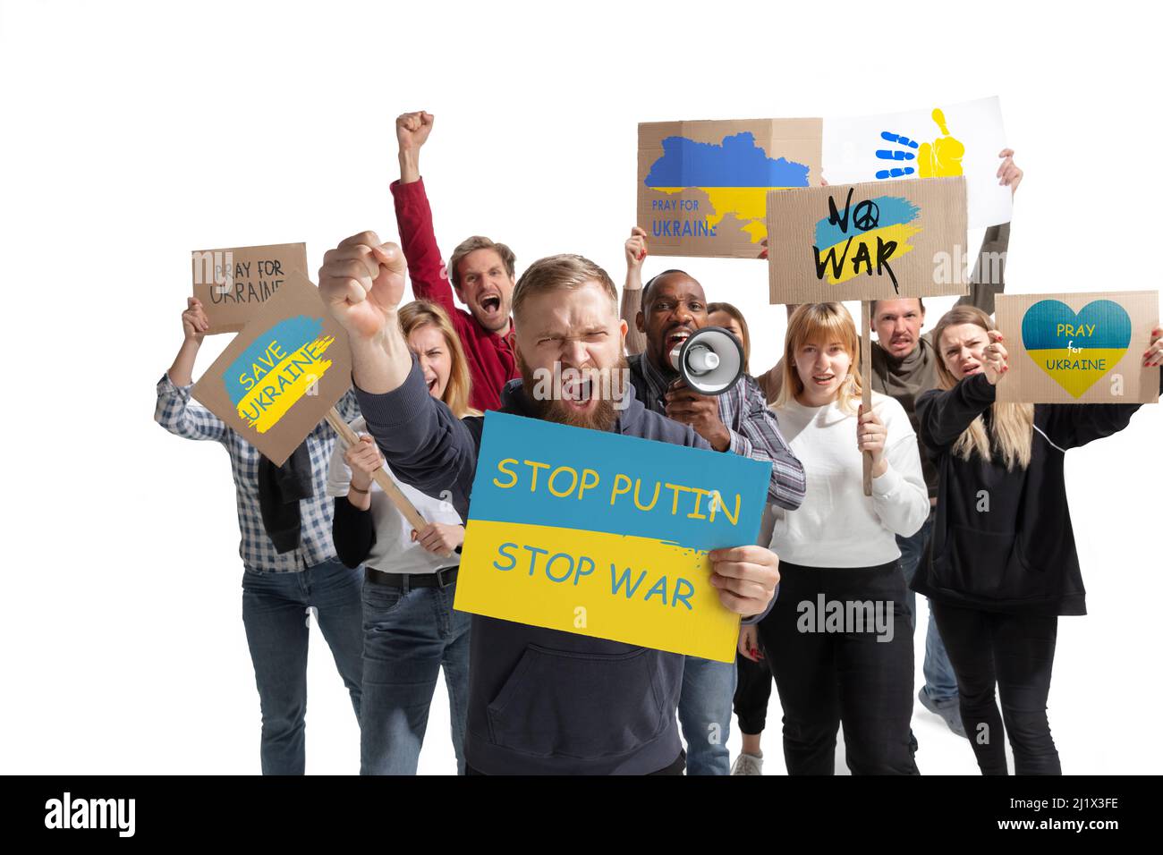 Collage. Active people standing with cardboard posters and screaming to ...