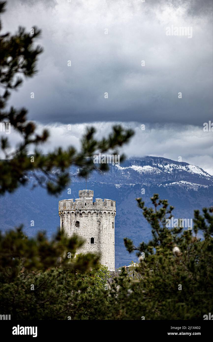 A view of Rihemberk castle through the tree branches on the background ...