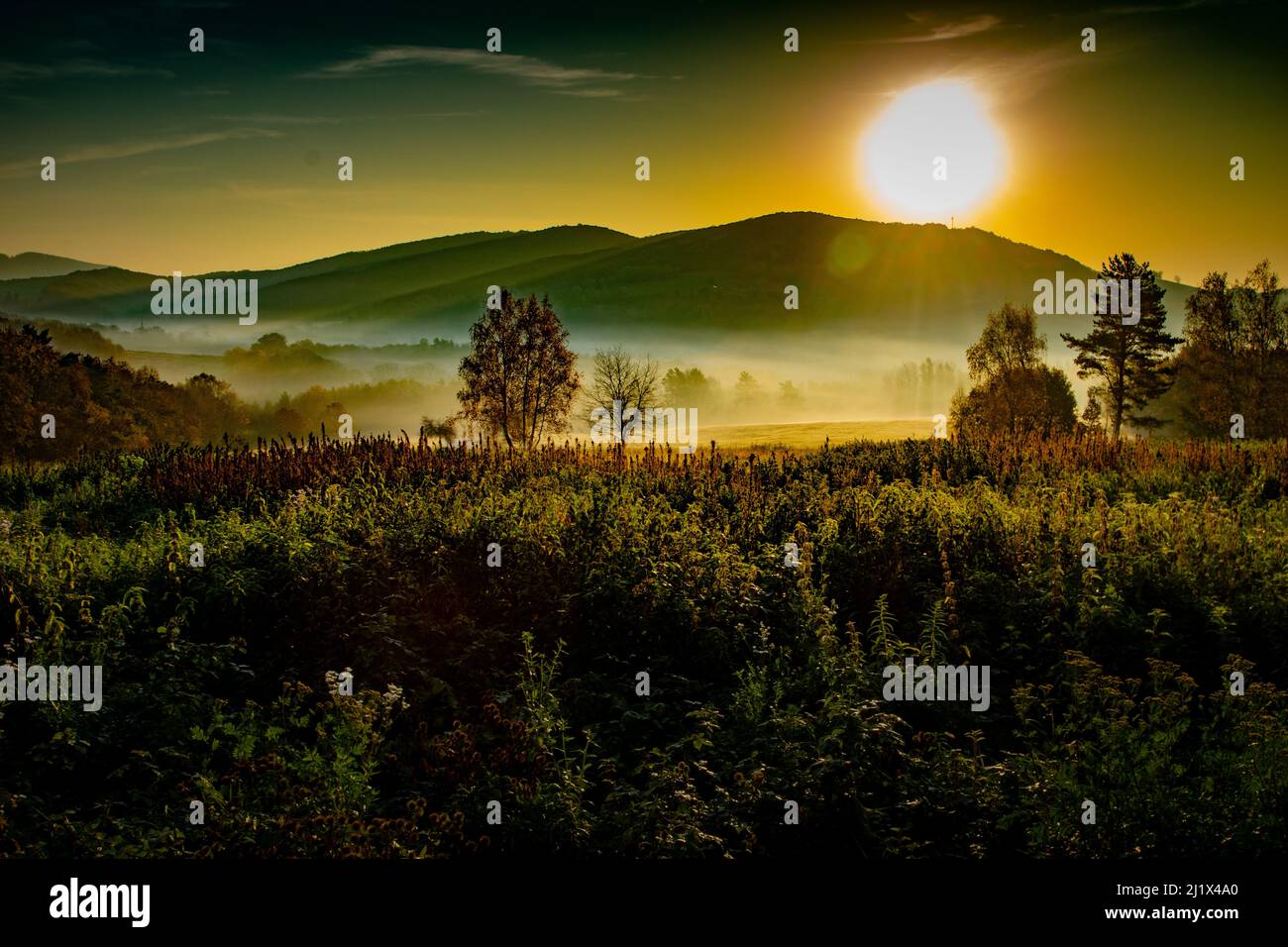 A photo of sunrise over a beautiful landscape Stock Photo - Alamy