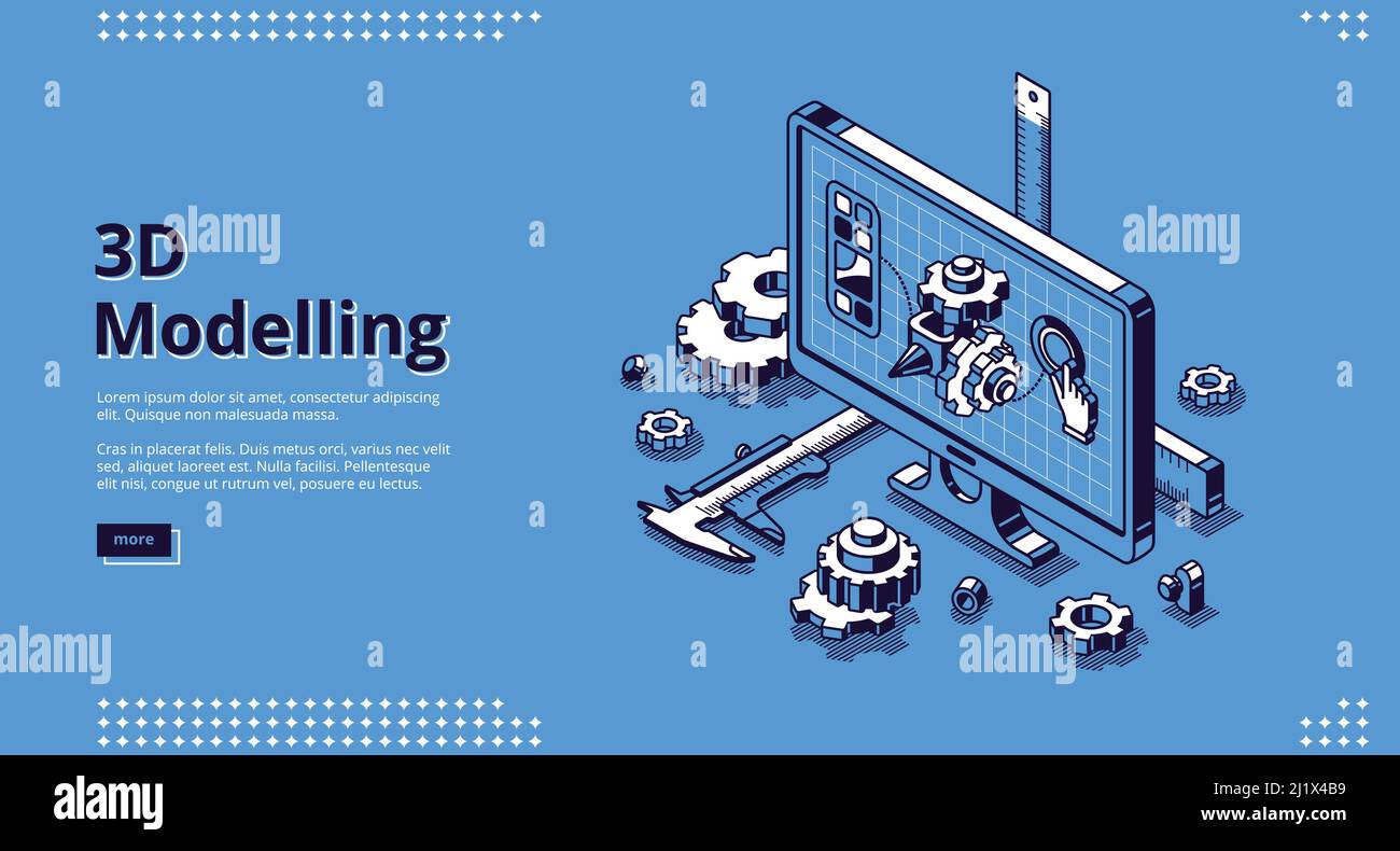 3d modelling isometric landing page. Cad engineer model project on ...