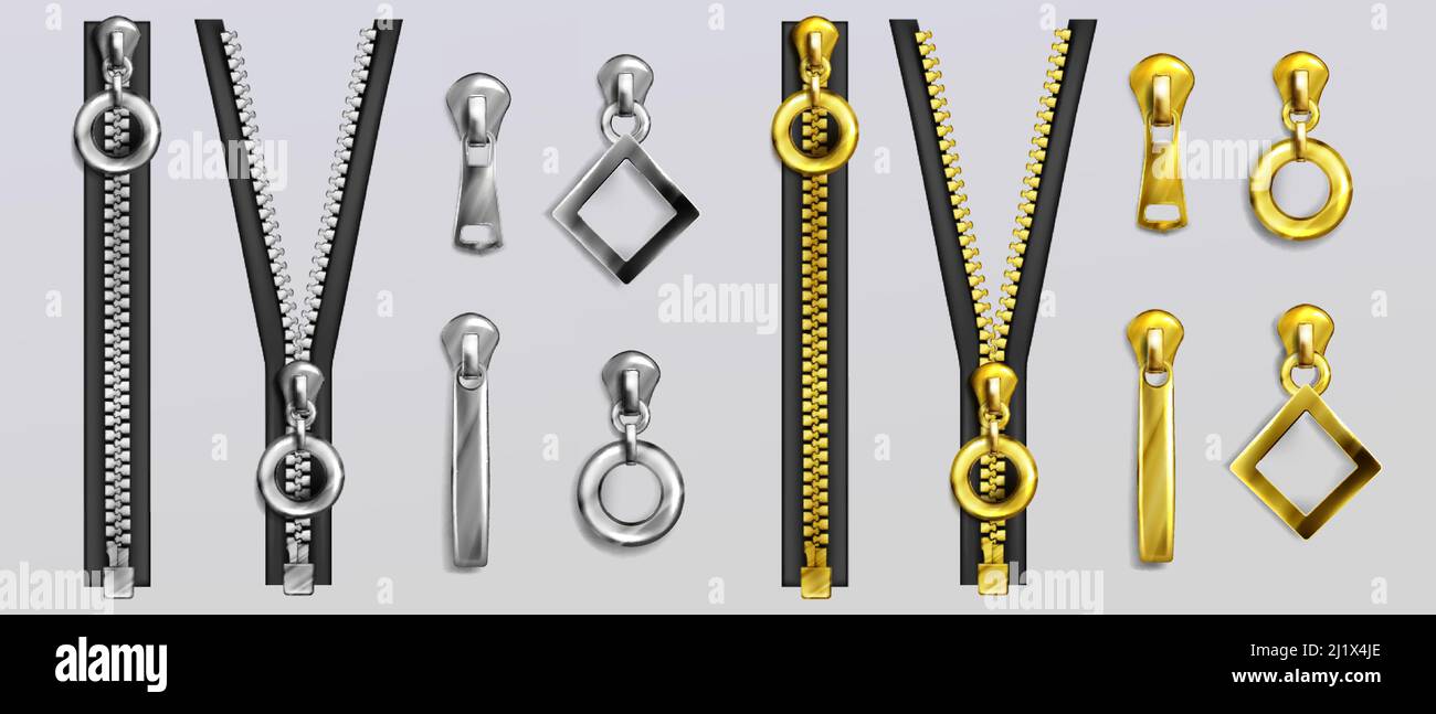 Silver and gold zippers with different shapes pullers isolated on gray background. Vector ...