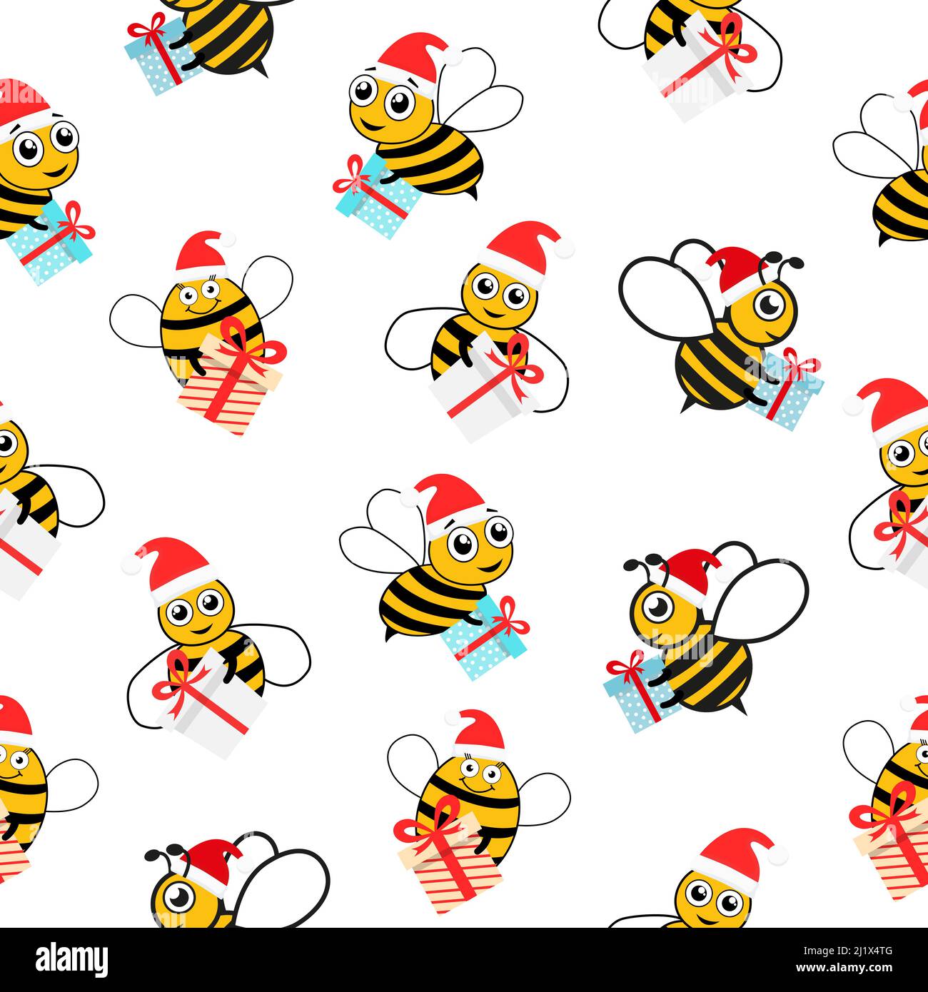 Cute bee wear Santa hat and gift box seamless pattern. Cartoon bee ...