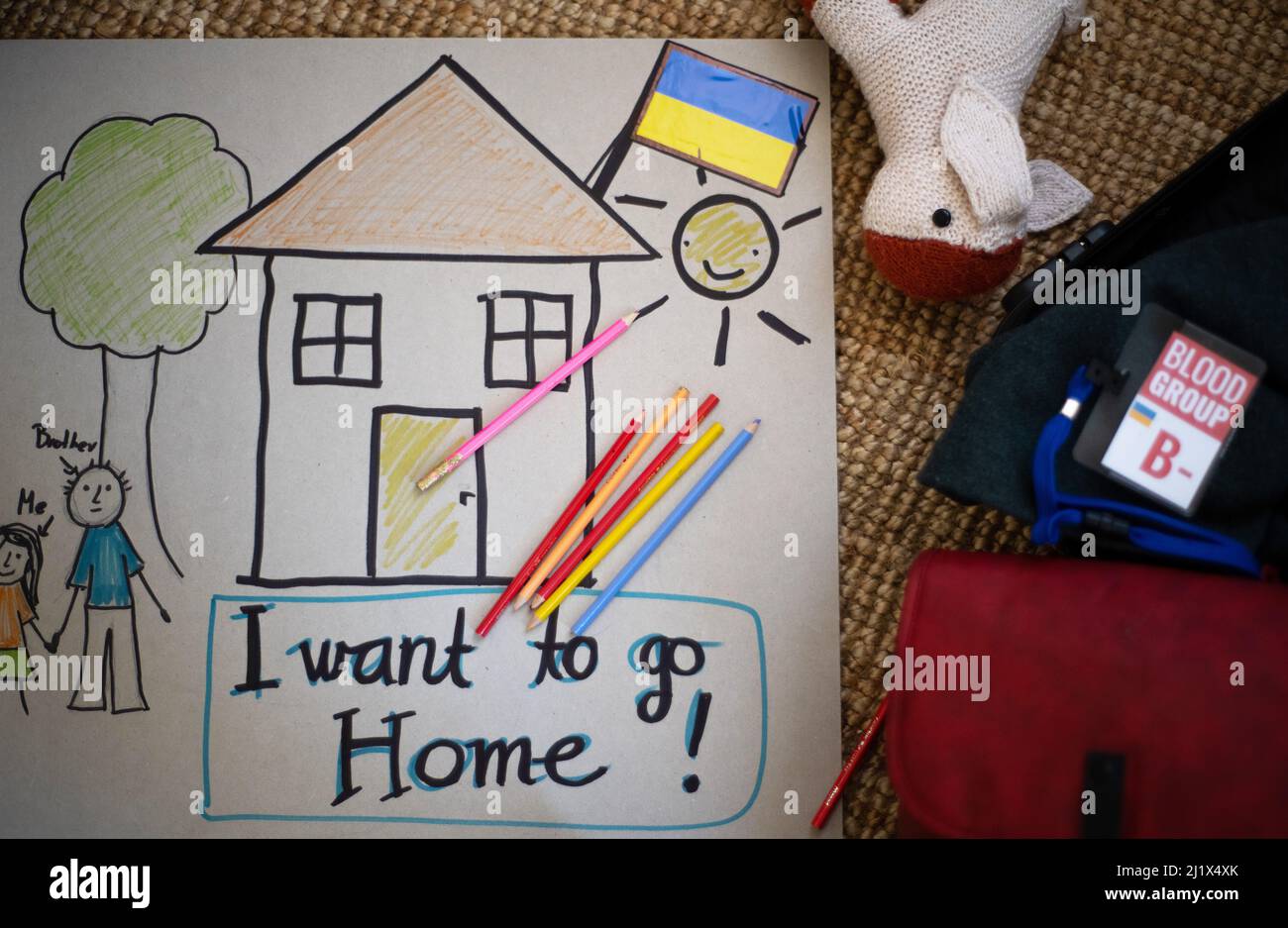 Top view of Ukrainian refugee child's drawing of her home and family ...
