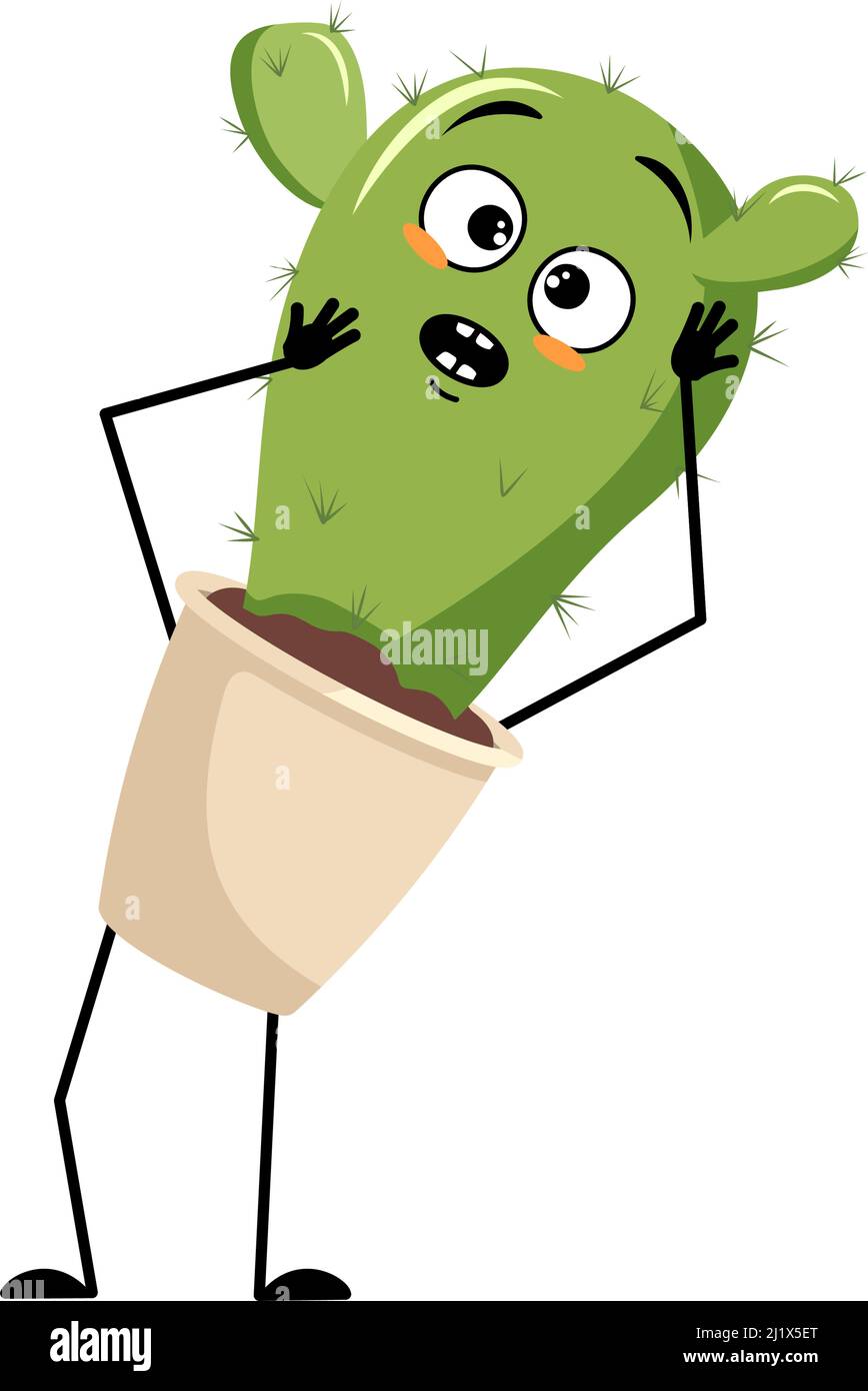 Cute cactus character iwith emotions in panic grabs his head, surprised ...