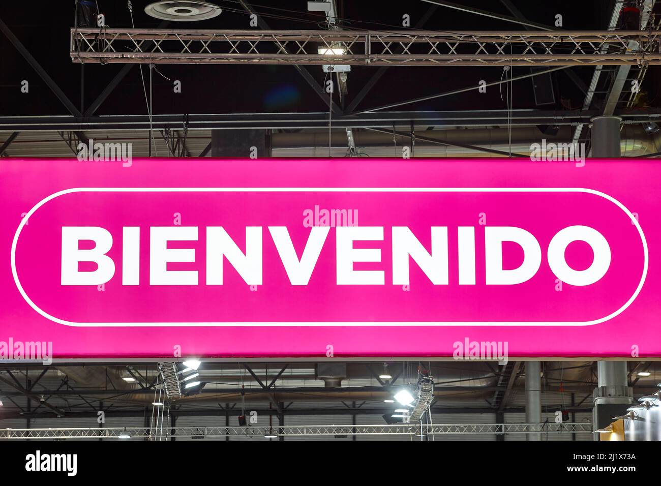 Welcome banner hanging on an industrial plant. Warehouse interior Stock ...