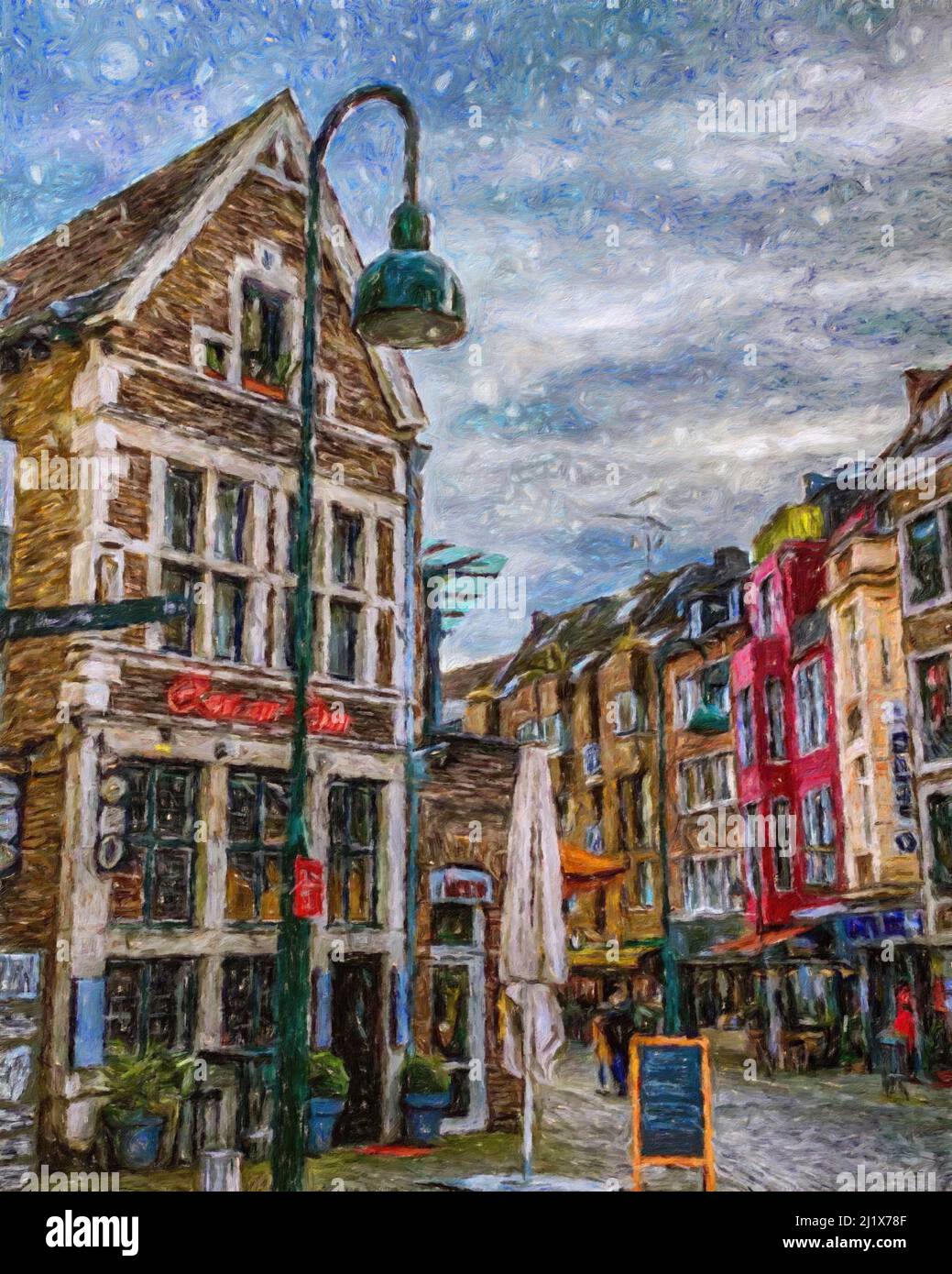 Oil Painting Old Buildings Stores