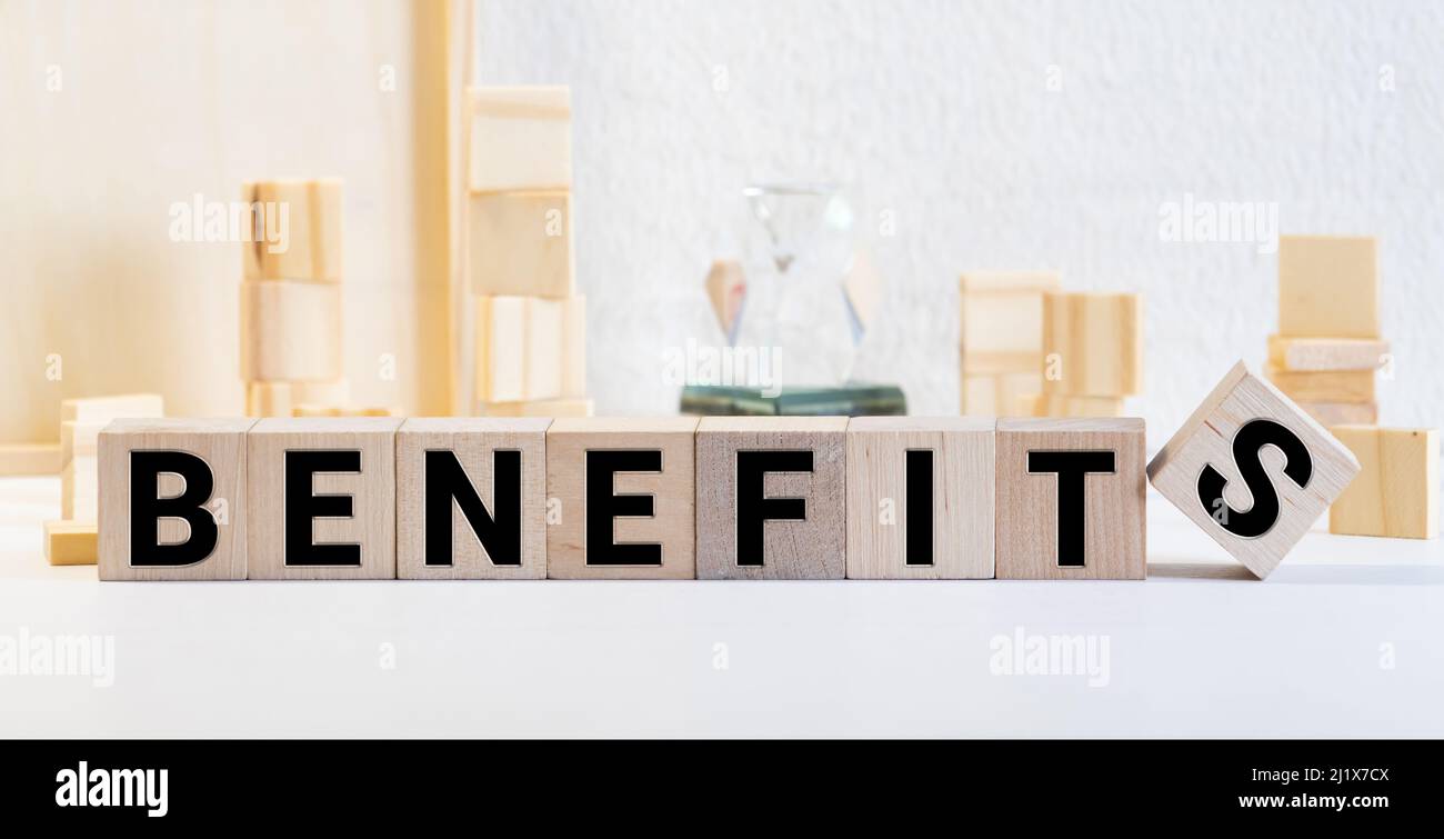 BENEFITS word made with building blocks, concept Stock Photo - Alamy