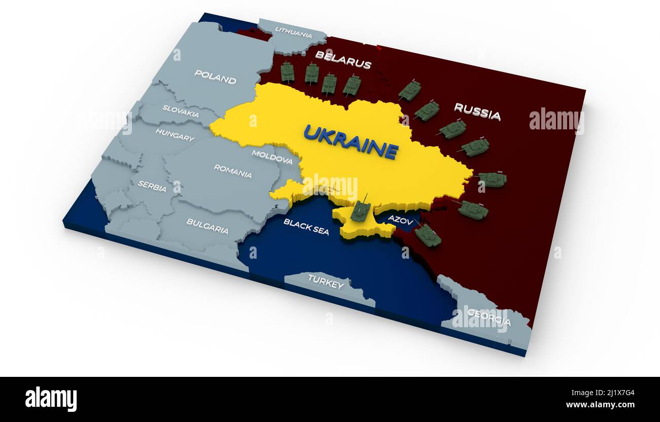 Stylich 3D Map of Ukraine surrounded by tanks and neighboring countries ...