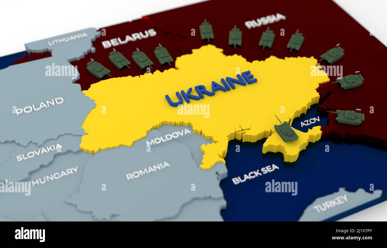 Stylich 3D Map of Ukraine surrounded by tanks and neighboring countries ...