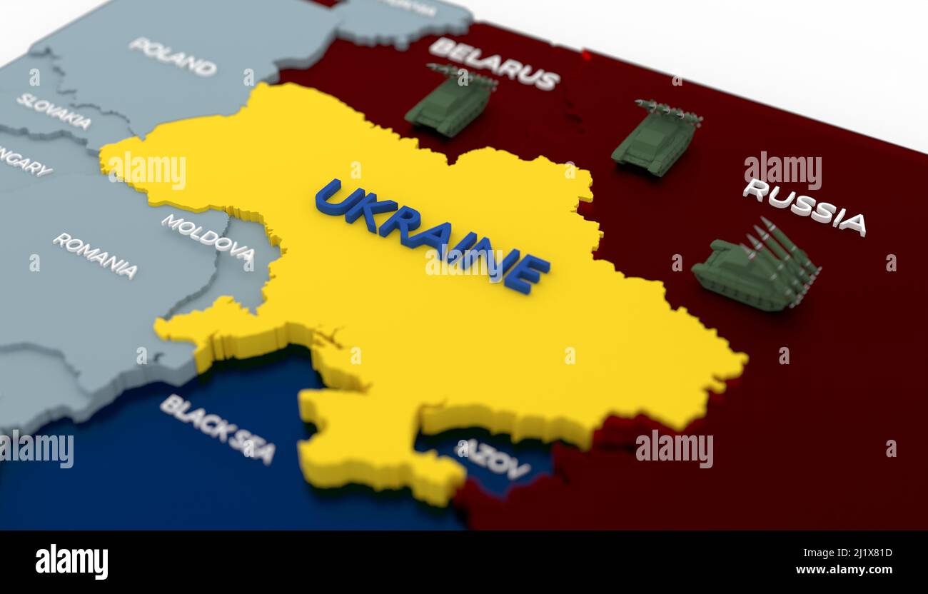 Stylich 3D Map of Ukraine surrounded by tanks and neighboring countries ...