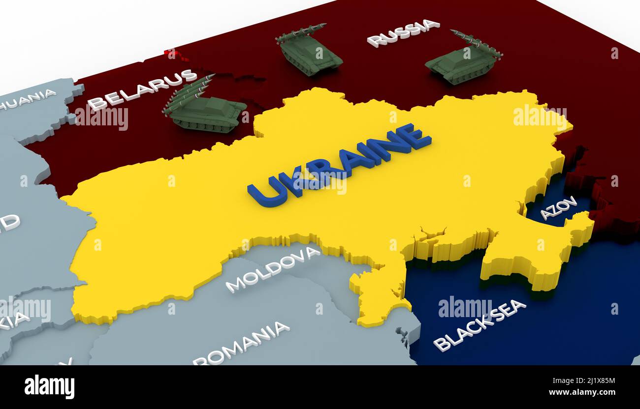 Stylich 3D Map of Ukraine surrounded by tanks and neighboring countries ...