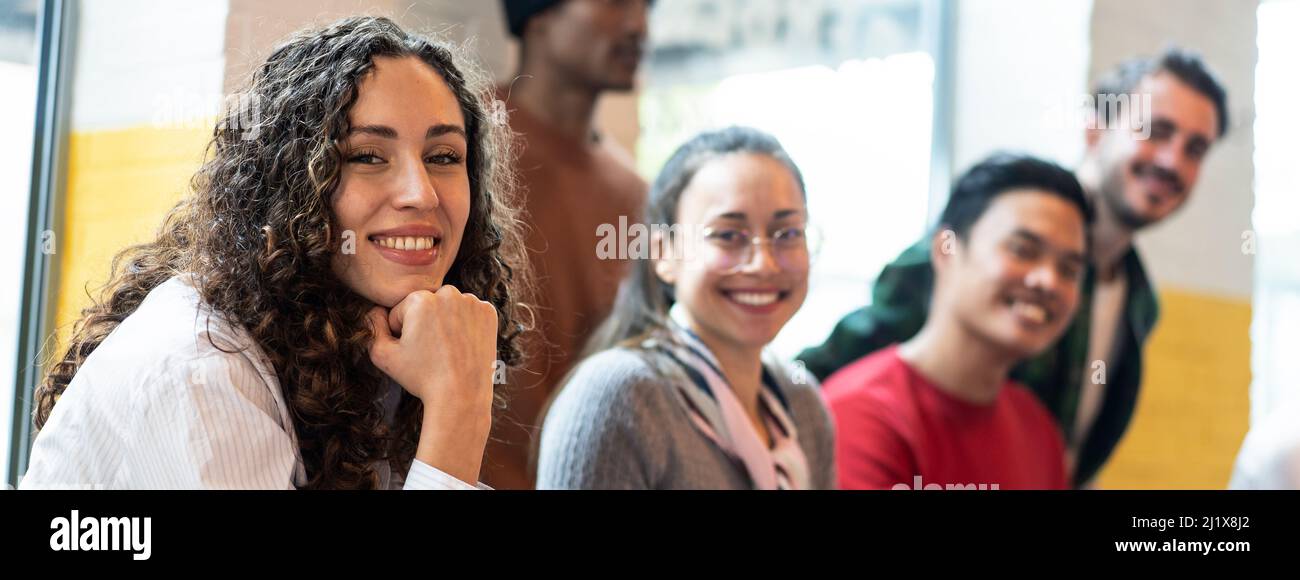 Horizontal banner or header with university students multiethnic team ...