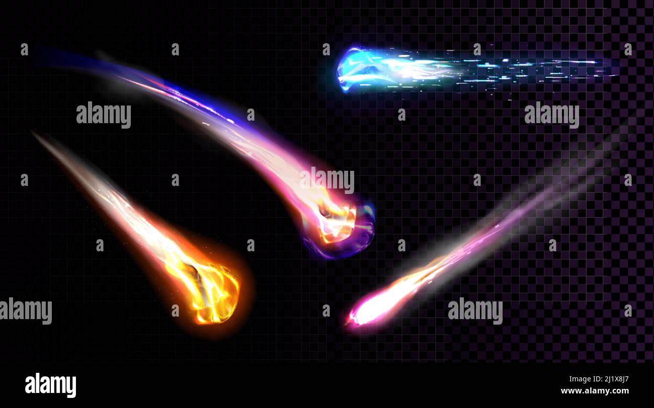 Falling comets, asteroids or meteors with flame trail isolated on ...