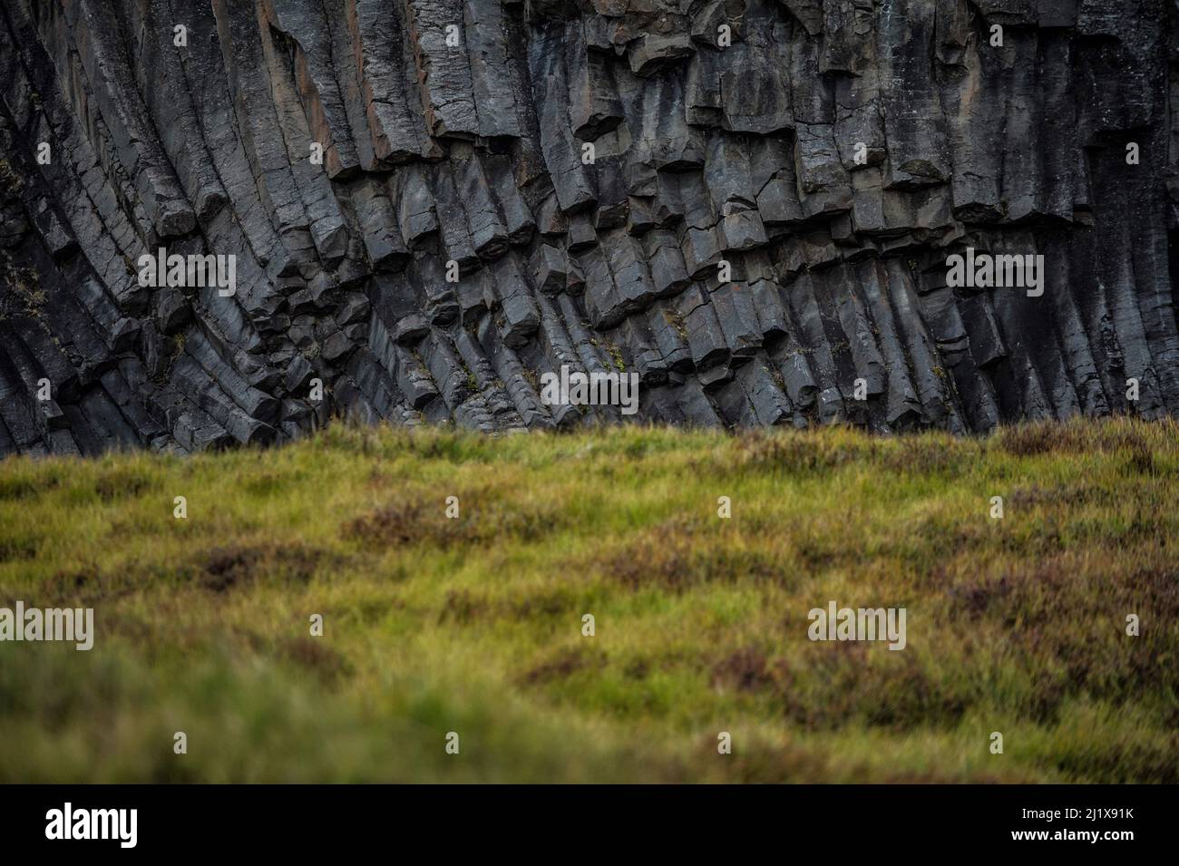 a photo of rocks behind grass field Stock Photo - Alamy