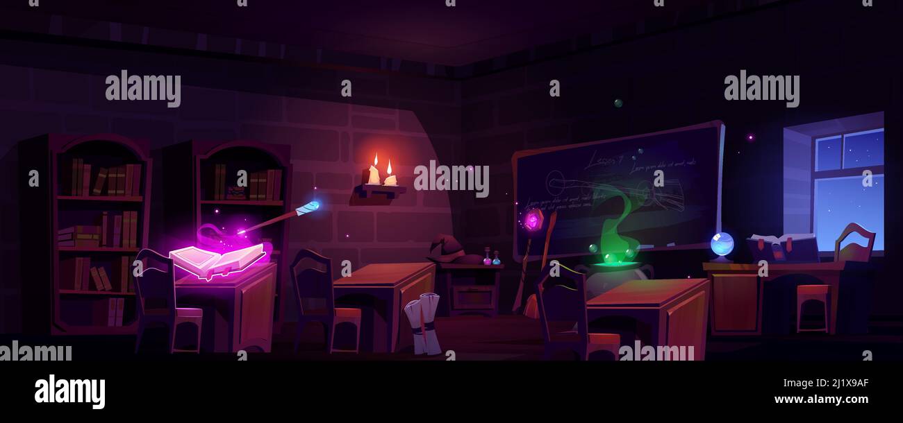 Magic school classroom with open book of spell, chalkboard and ...