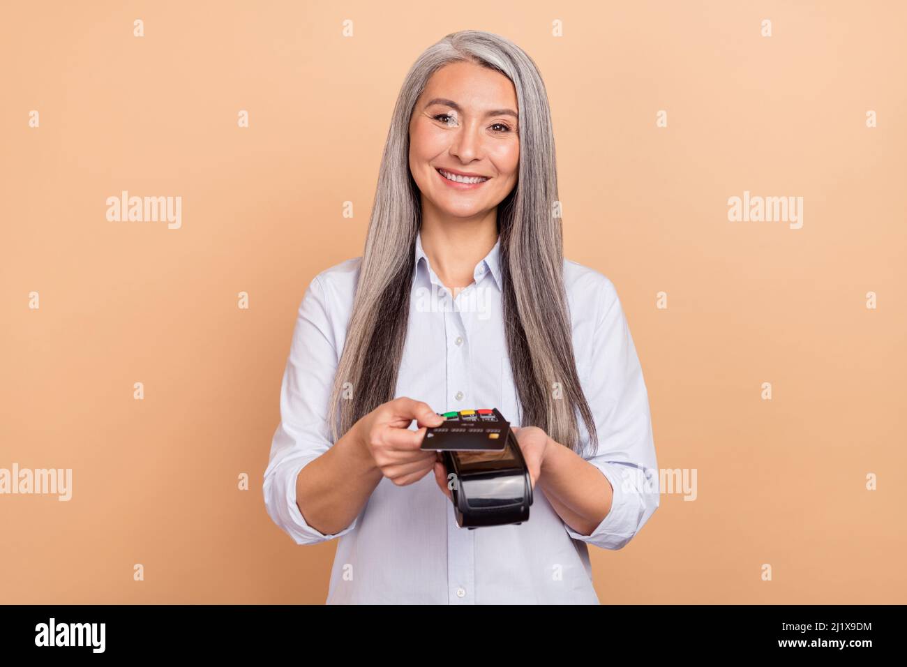 Photo of mature pretty woman make transaction pay buy purchase market ...