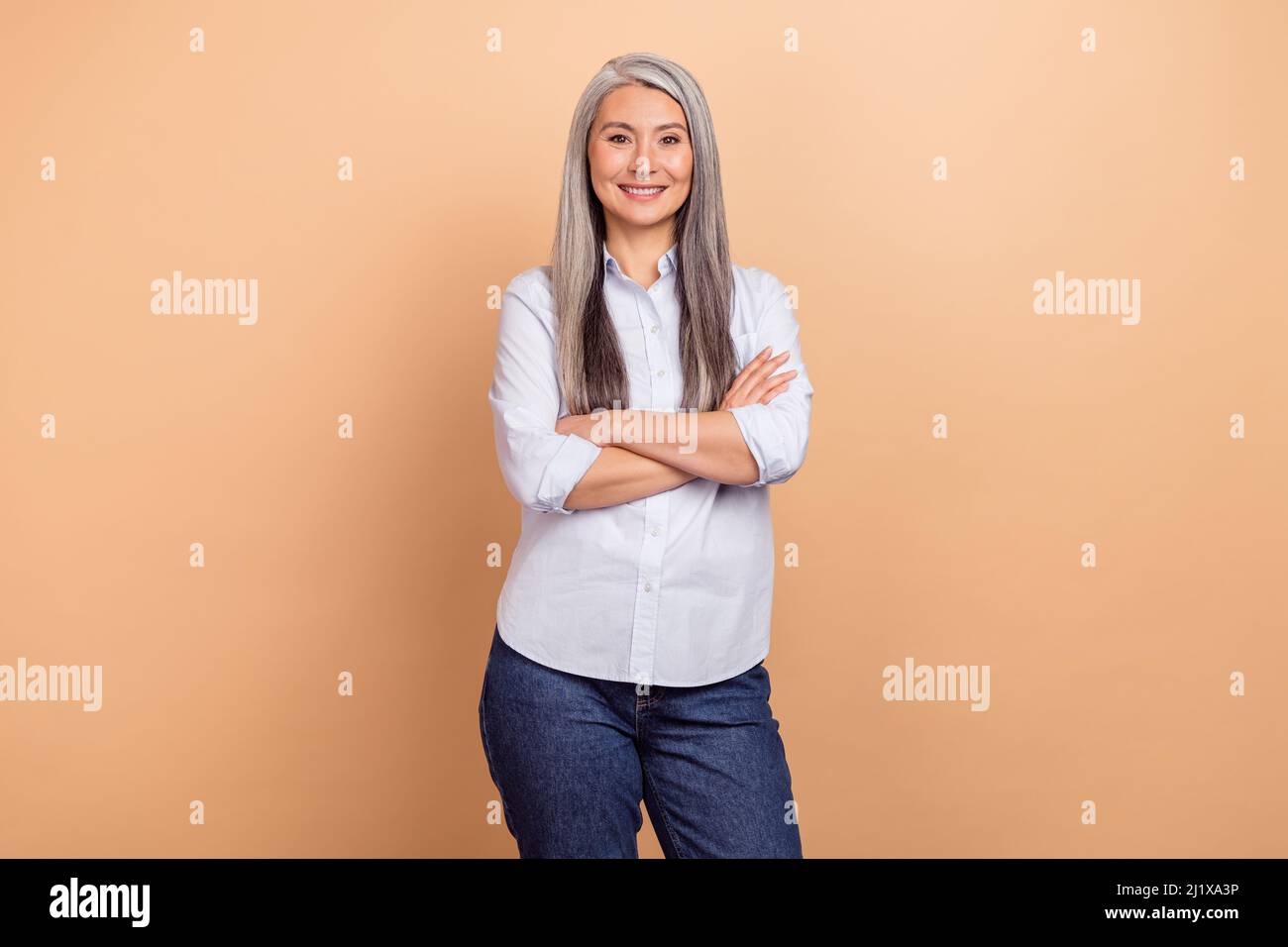 Photo of cheerful aged lady folded hands formalwear economist financier ...