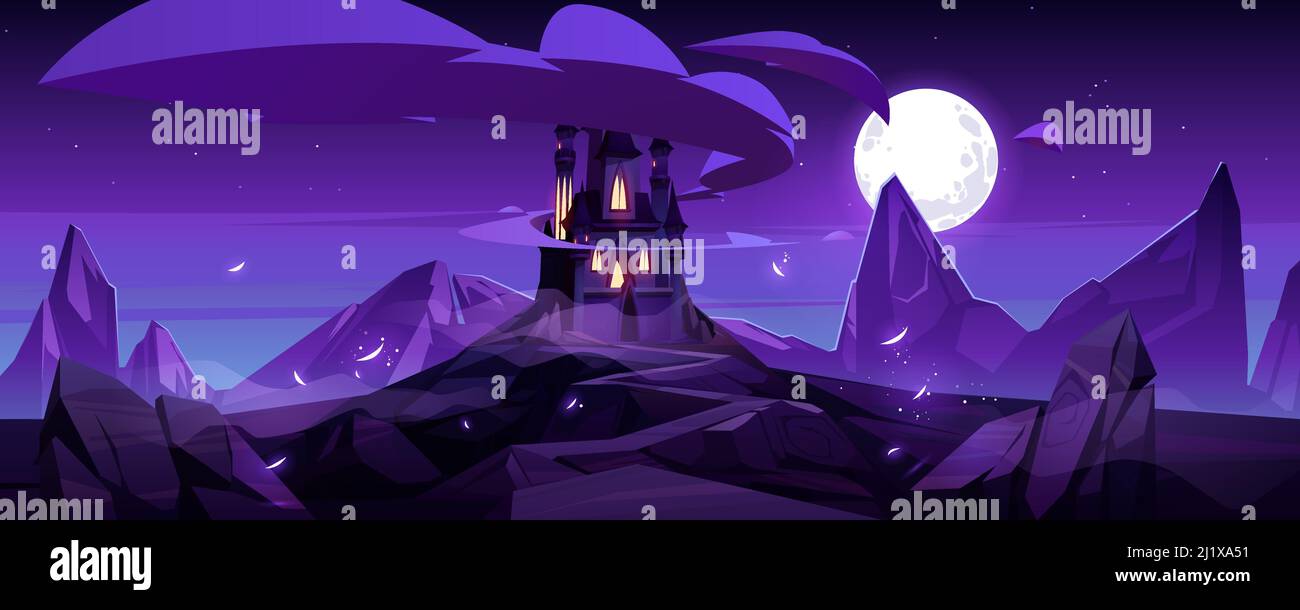 Magic castle at night on mountain, fairytale palace with turrets and ...