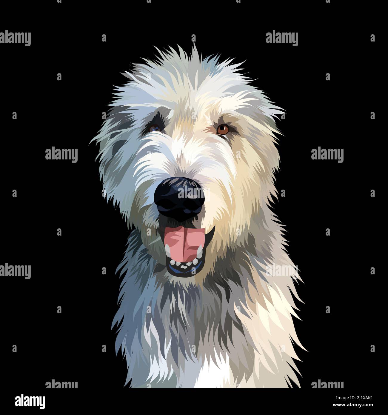 A vertical illustrative painting of a South Russian Shepherd on a black ...