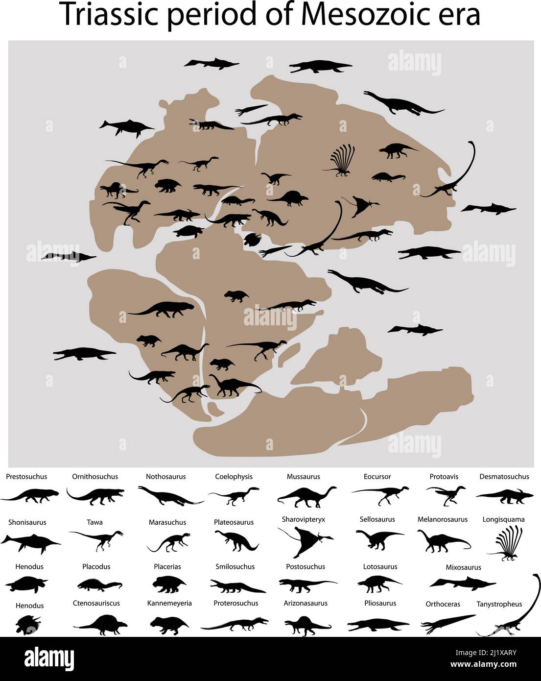 Dinosaurs of triassic period of mesozoic era on the map Stock Vector ...