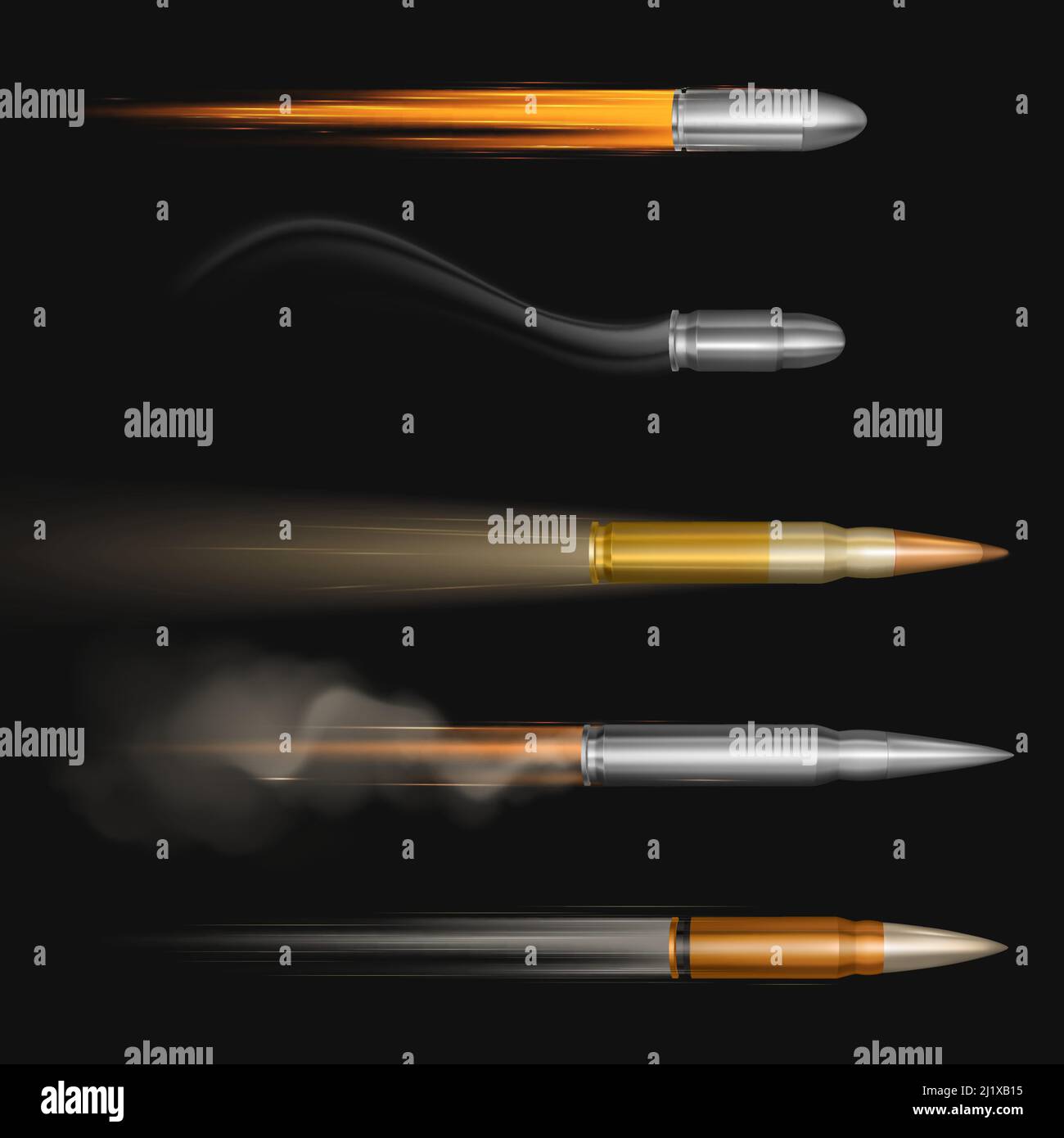 Flying bullets with fire and smoke traces. Shooting military handgun ...