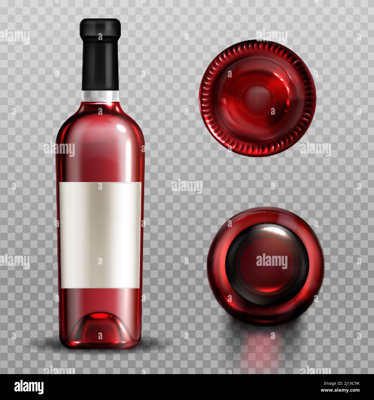 Red wine in glass bottle front, top and bottom view. Vector realistic ...