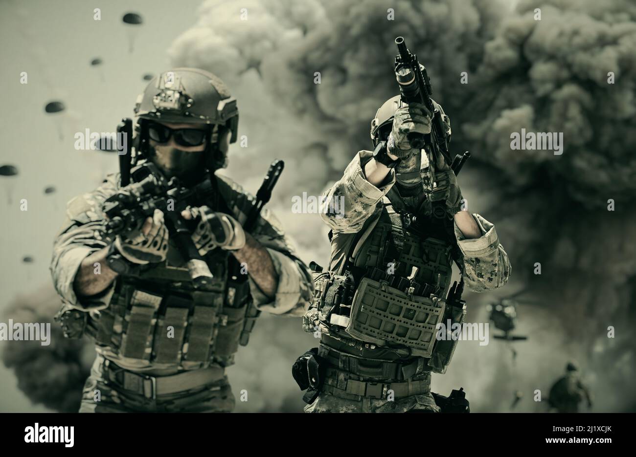 Military forces & helicopters between smoke and dust at battlefield ...