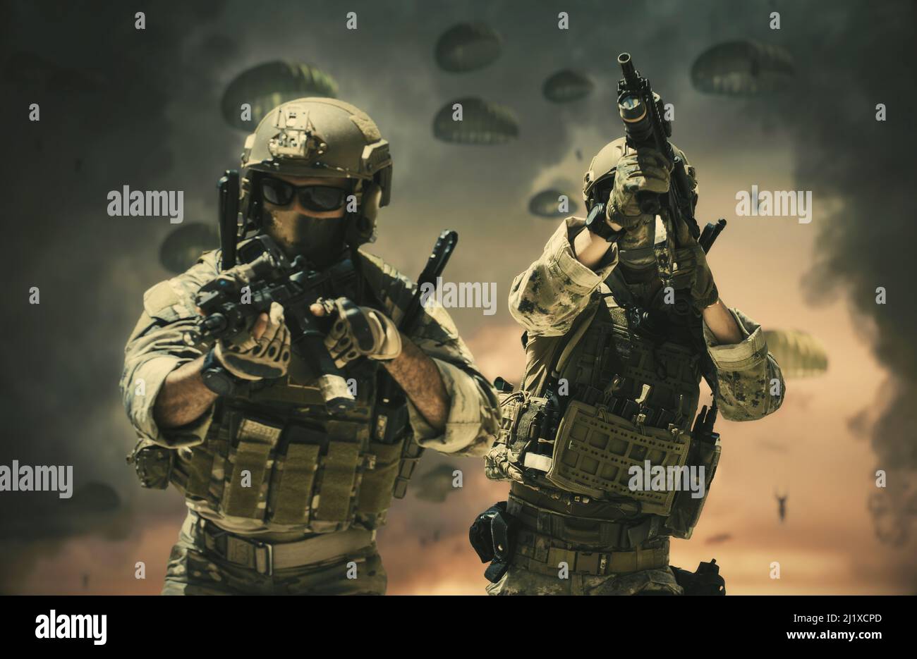 Military forces & helicopters between smoke and dust at battlefield ...