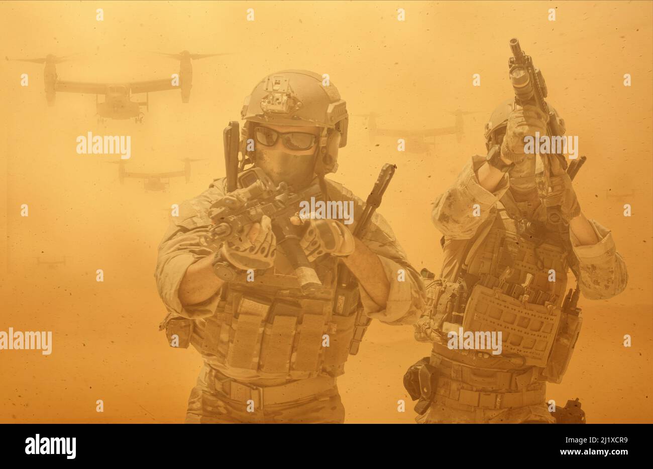 Military forces & helicopters between smoke and dust at battlefield ...