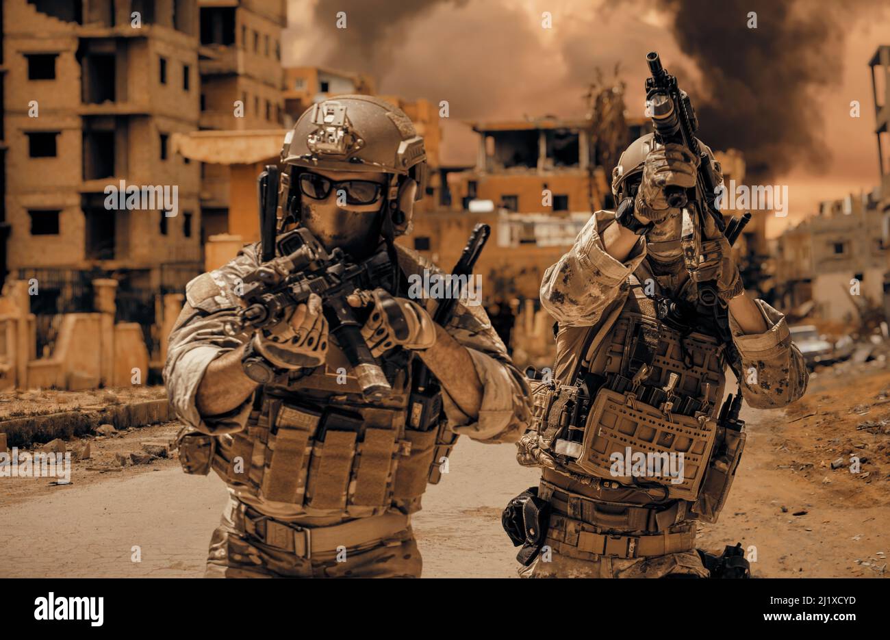 Military forces & helicopters between smoke and dust at battlefield ...
