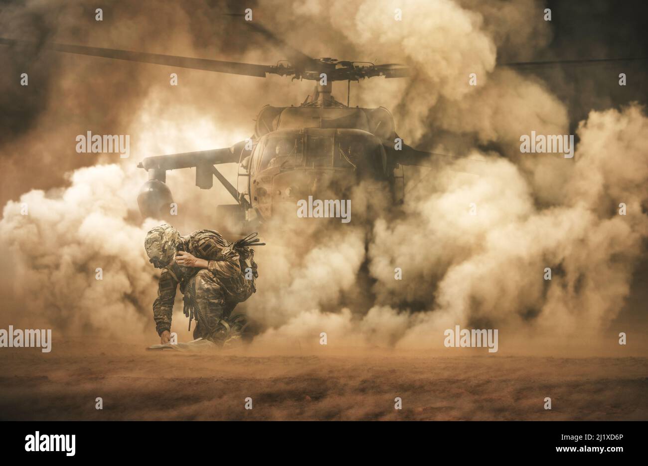 Military soldier making contact with Command Center between smoke in ...