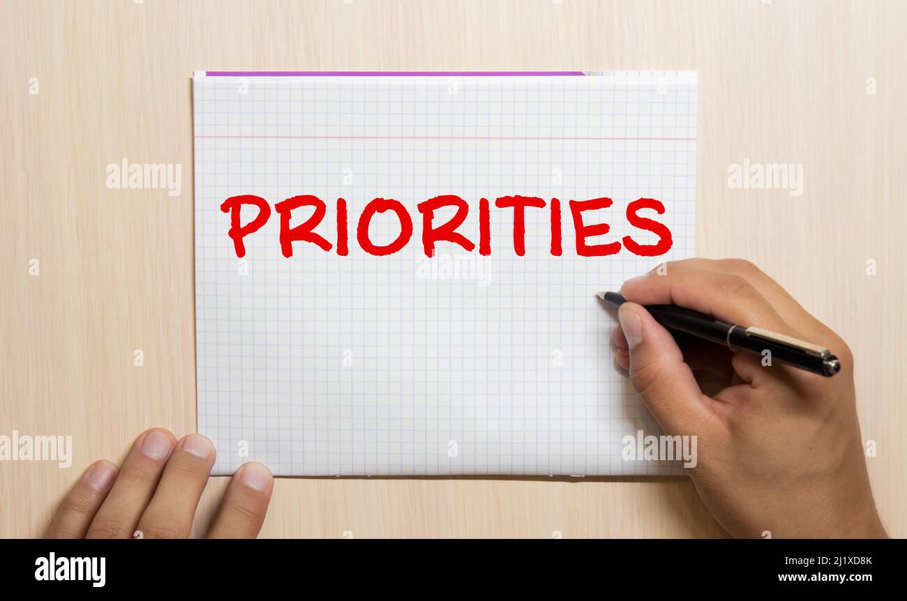 Concept of priority on written priority on red sticky notes within many ...
