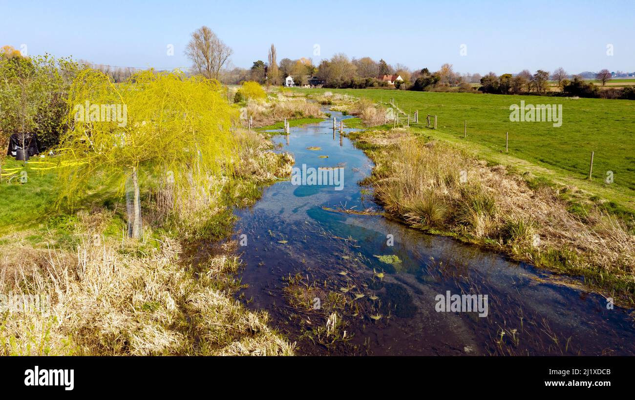Low altitude, aerial view of the Little Stour, Wickhambreaux, looking ...