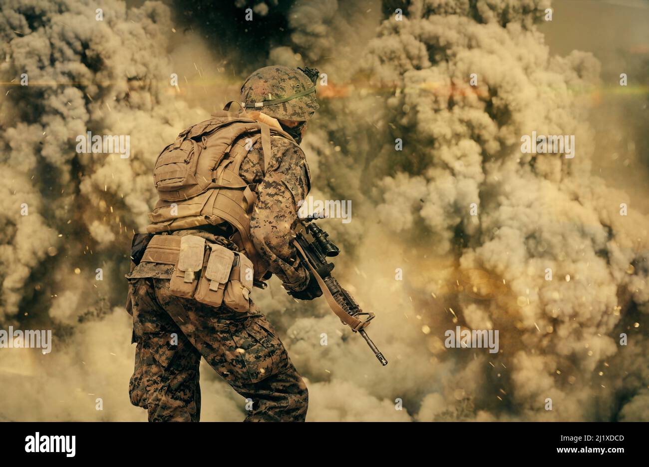 Military forces between smoke and dust at battlefield Stock Photo - Alamy