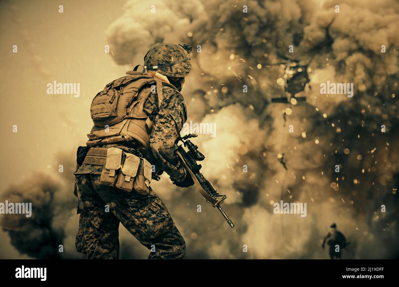 Military forces & helicopters between smoke and dust at battlefield ...