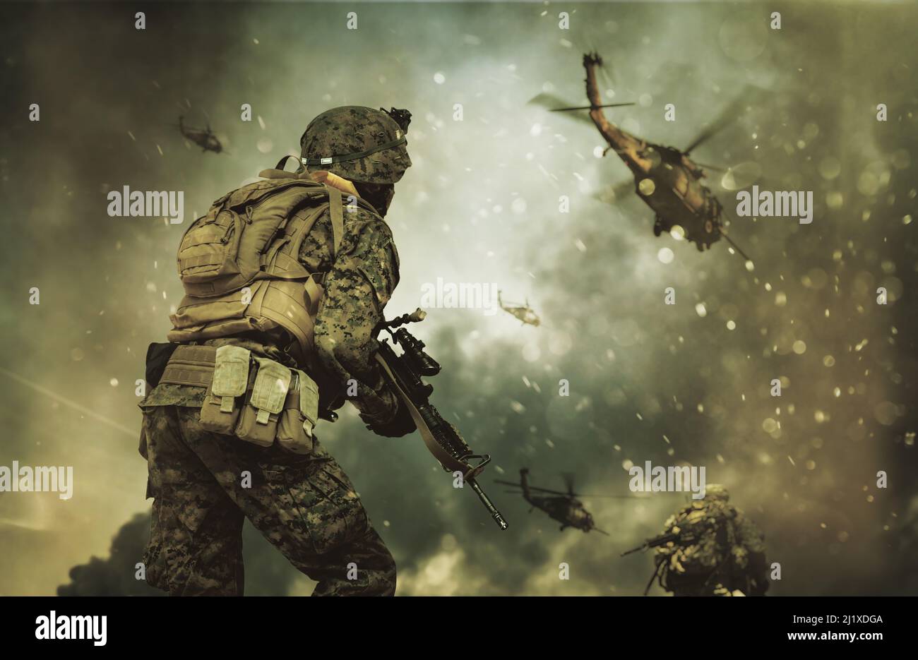 Military forces & helicopters between smoke and dust at battlefield ...
