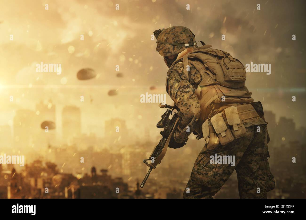 Military forces & helicopters between smoke and dust at battlefield ...