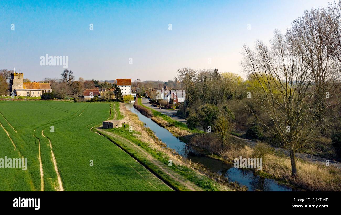 Aerial view of St Andrews Church and Wickhambreaux Mill on the Little ...