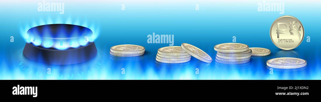 Horizontal banner with a burning gas burner and Russian rubles. Site ...