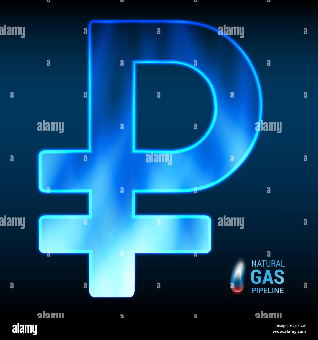 The sign of the Russian ruble against the background of a burning gas ...