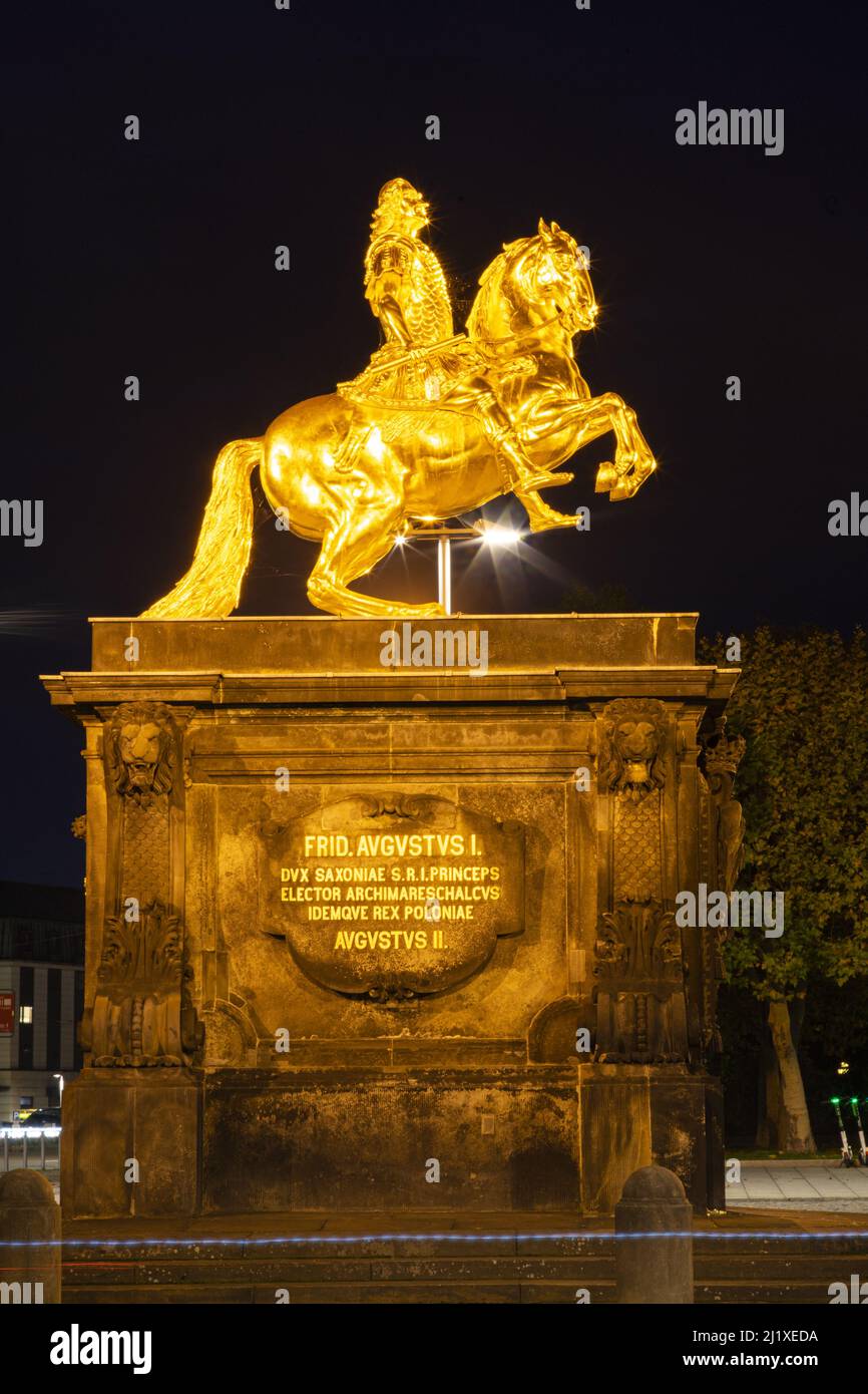 A vertical shot of the statue of Golden Rider, Goldener Reiter ...