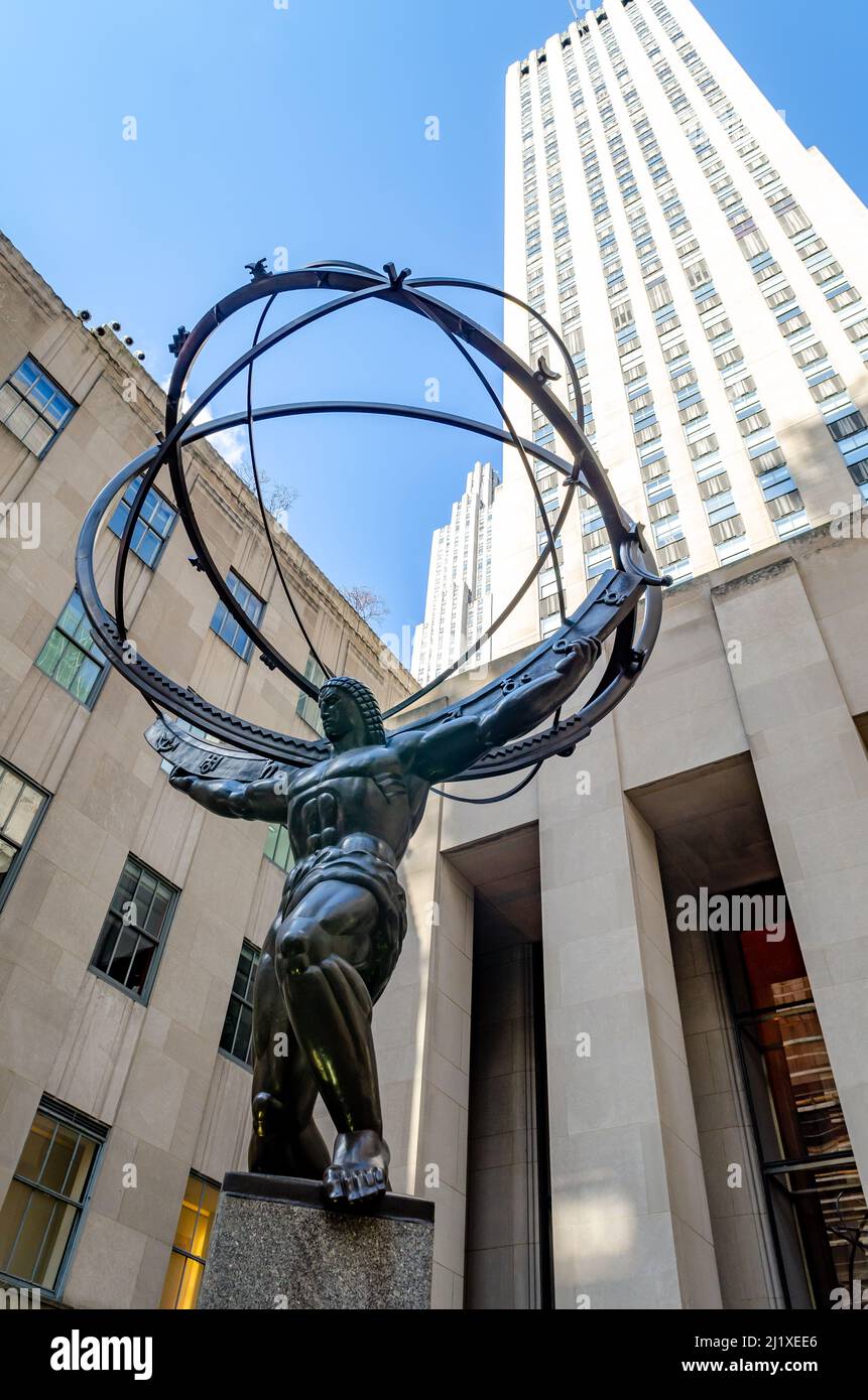 Atlas Statue Monument at Rockefeller Center, low angle view during ...