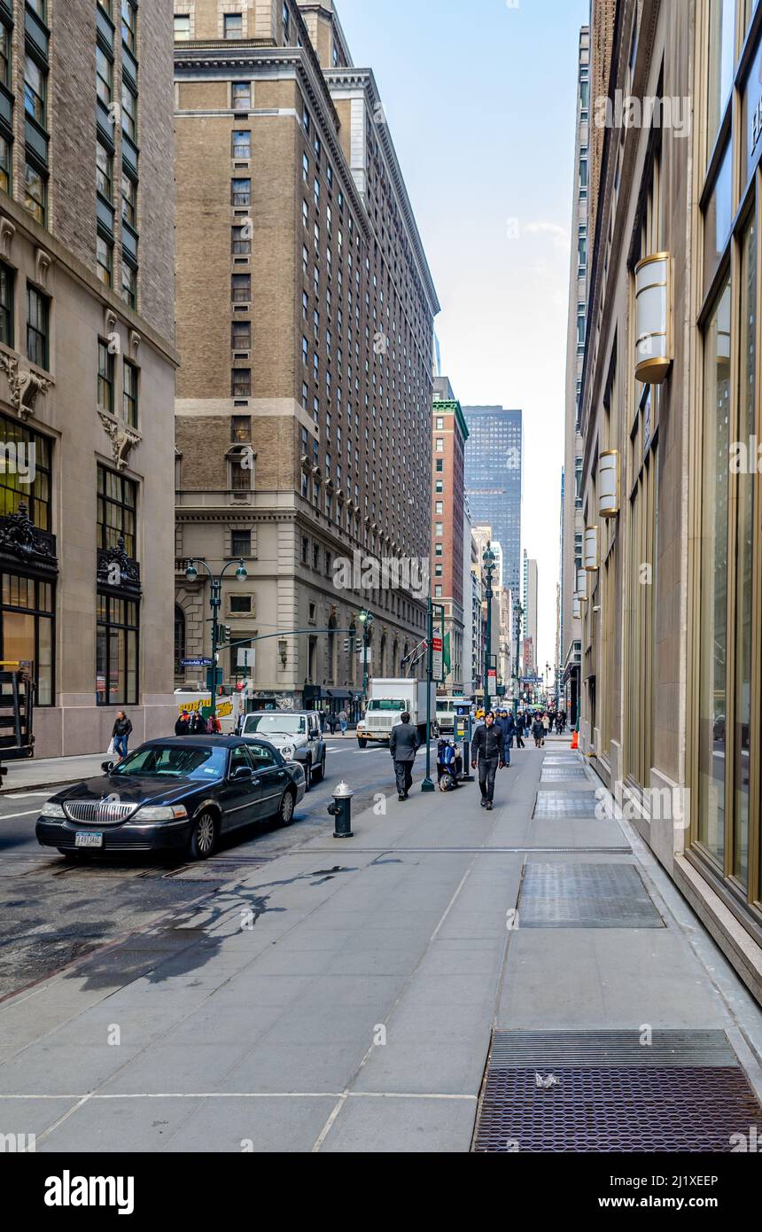 Manhattan, New York City, Side Street with Cars and People walking on Sidewalk, delivery vehicle ...