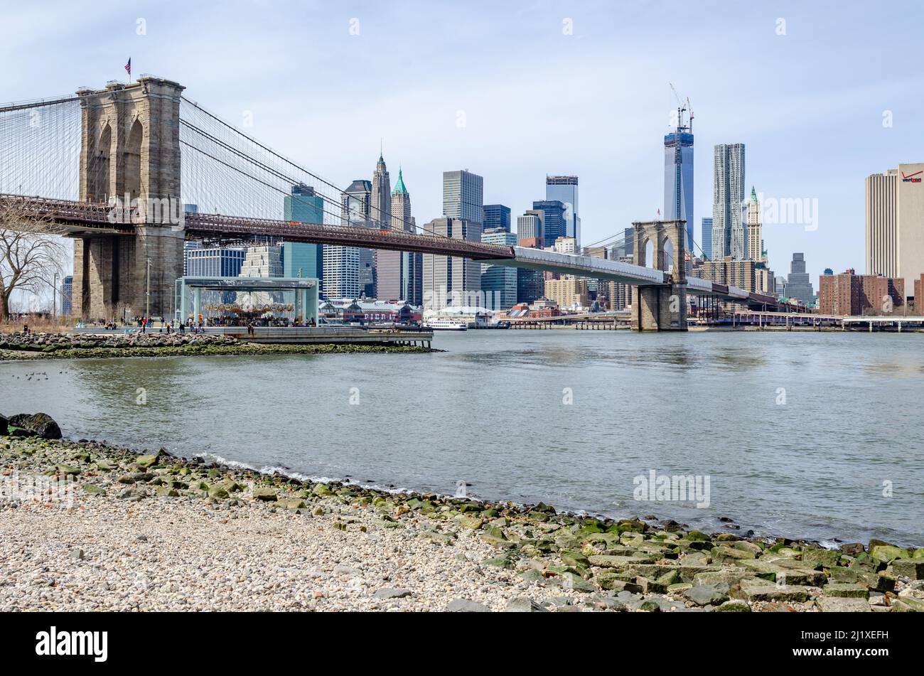 Brooklyn Bridge New York City with construction area on the bridge with ...