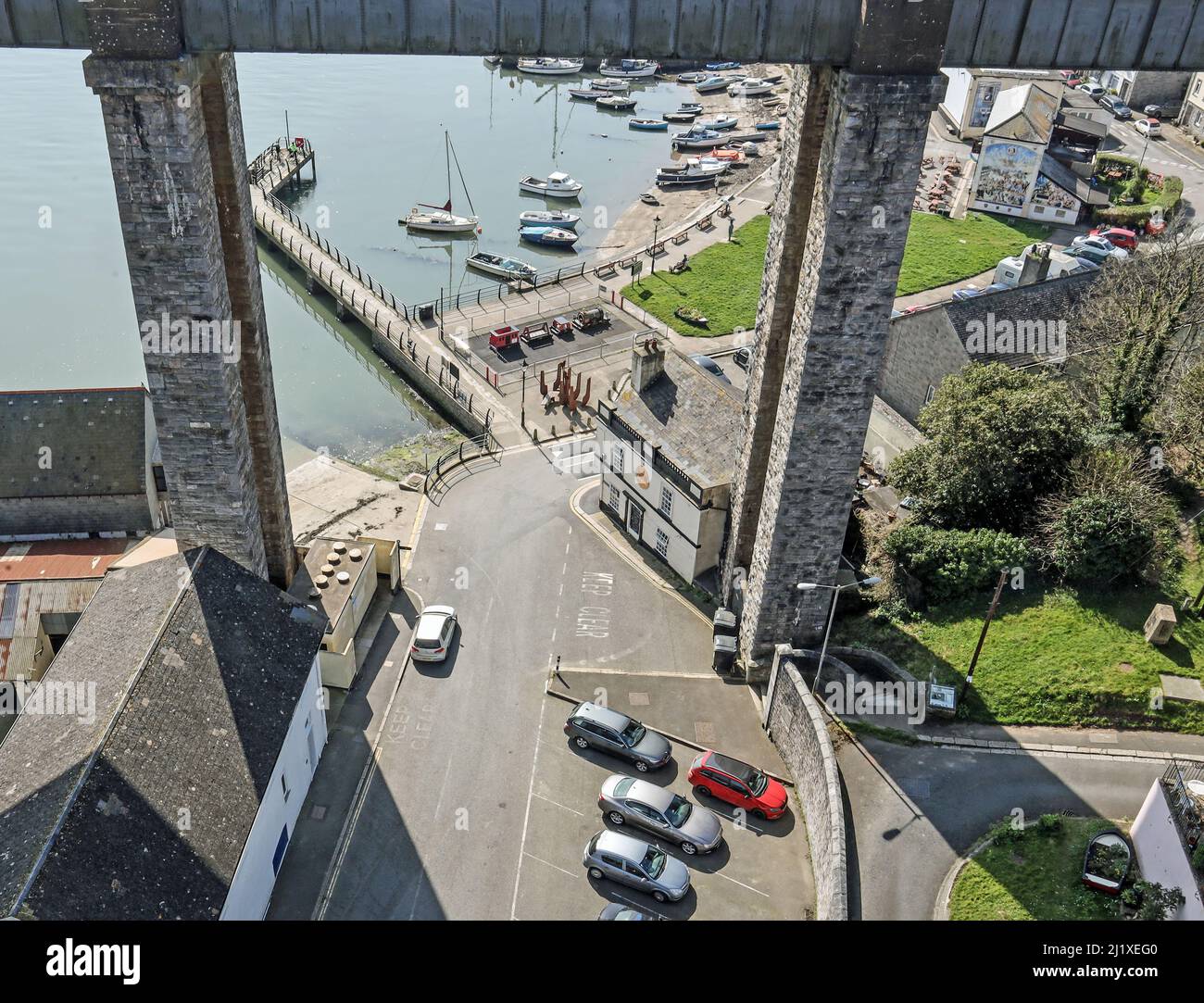 Looking down on the Waterside at Saltash seen from the Tamar Bridge ...