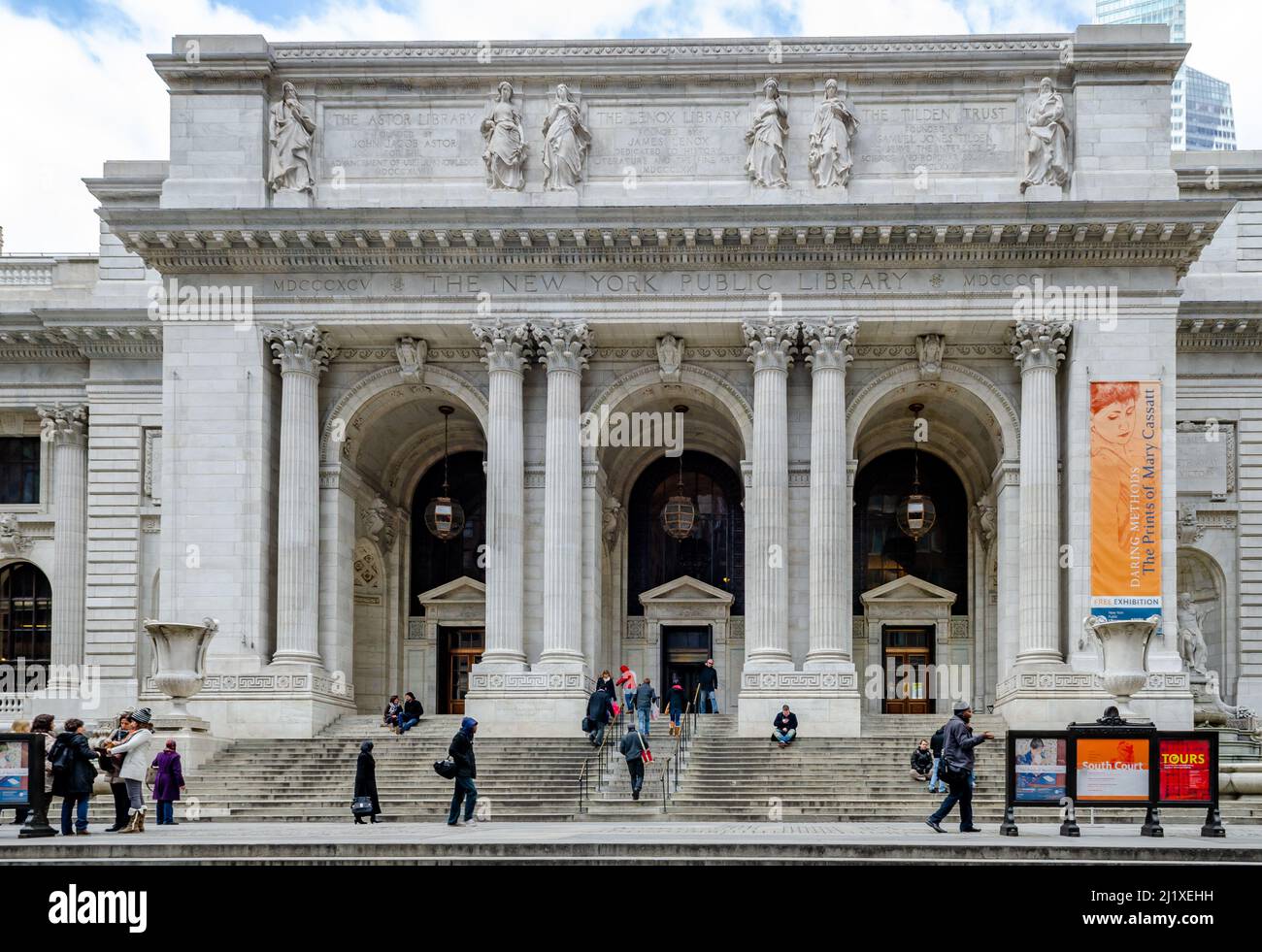 New York Public Library entrance with People walking in and out the ...