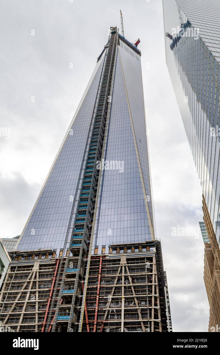 One World Trade Center construction area with crane on top during ...