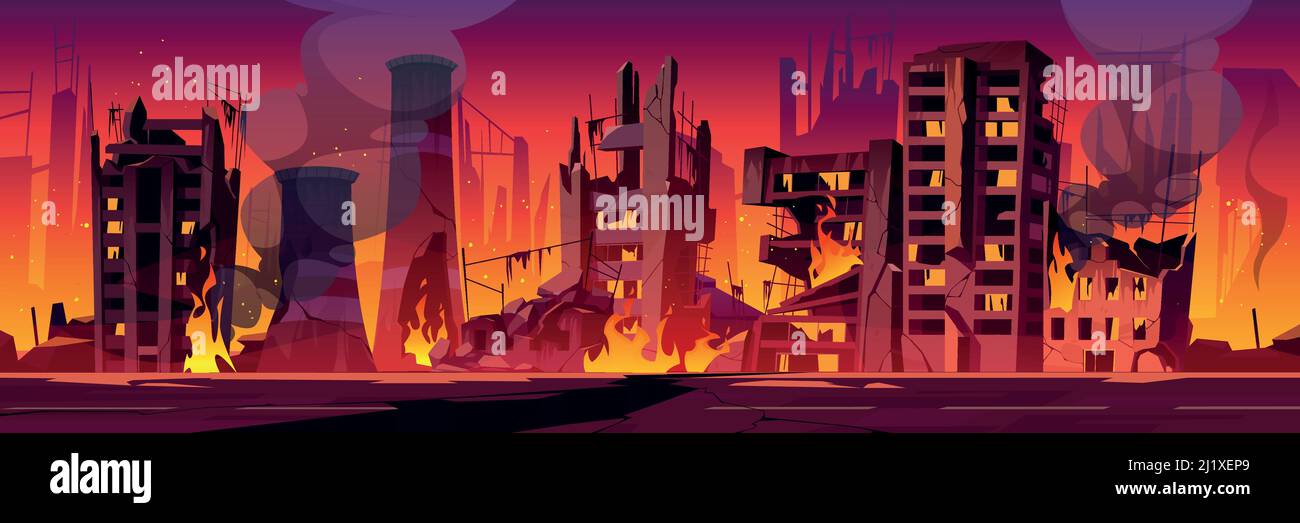 City in fire, war destroy, abandoned burning broken buildings with ...