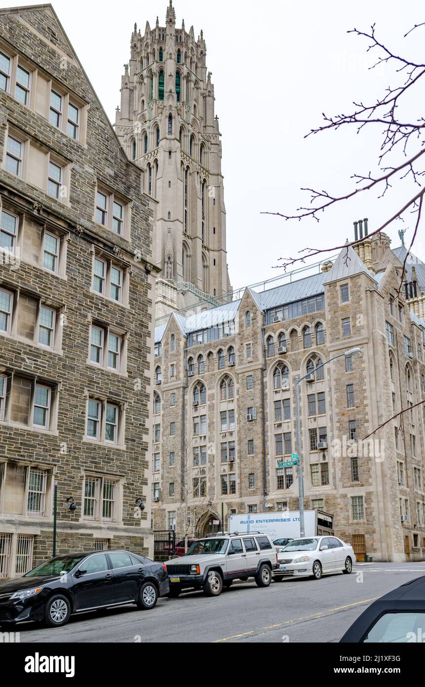 Riverside Church Tower with Building Facades and parked cars on the ...